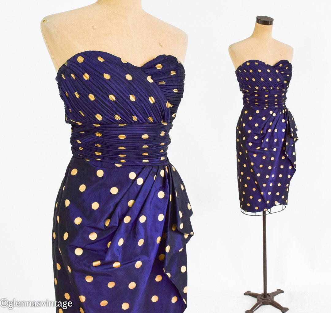 1980s Purple Polka Dot Strapless Dress 80s Purple Iridescent Taffeta ...