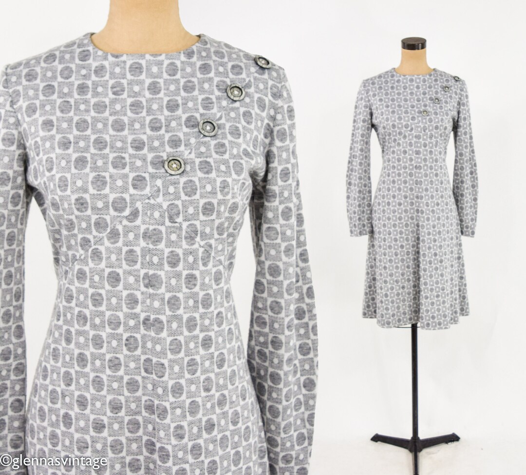 1960s Gray Shift Dress | 60s Gray & White Polyester Knit Dress | Large ...