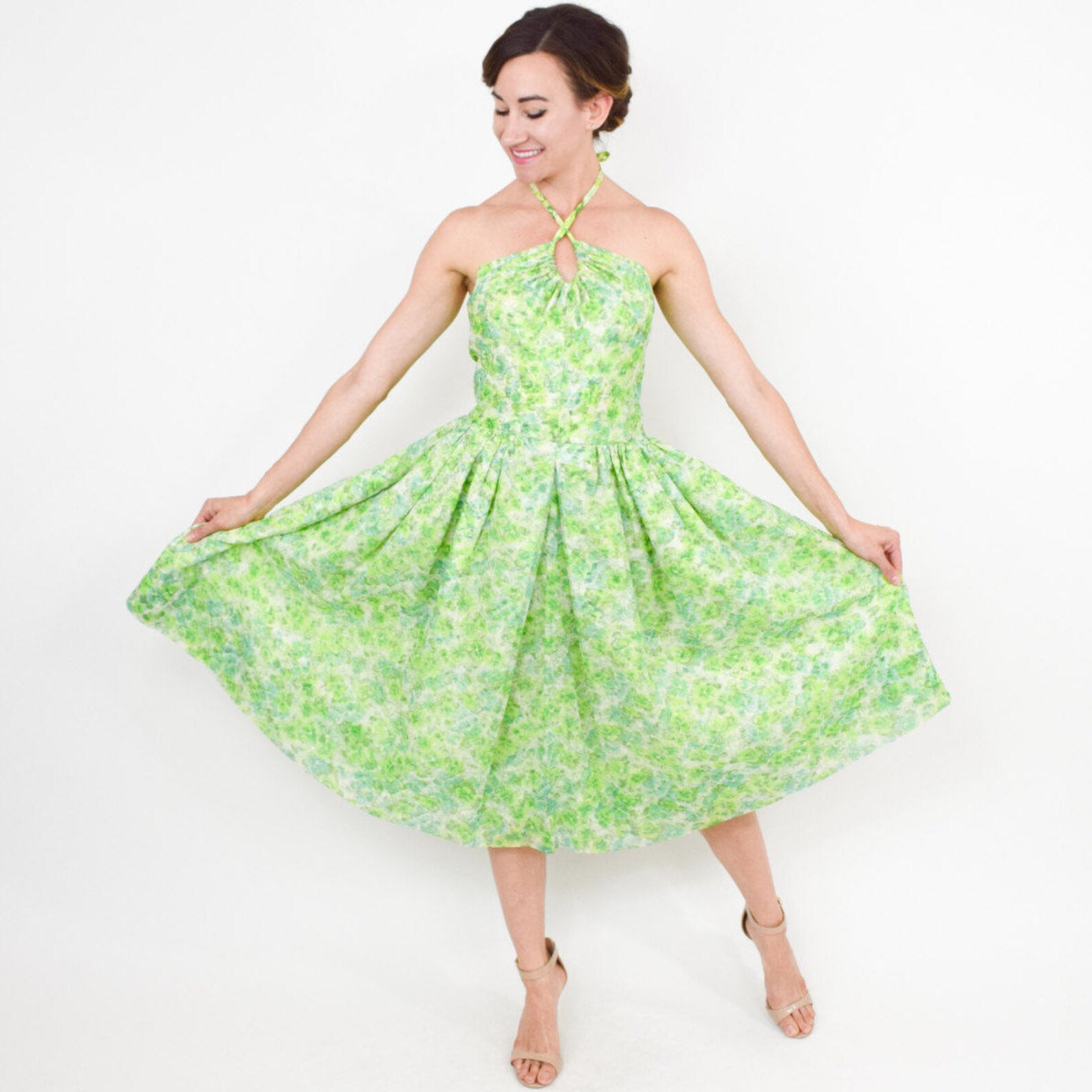1950s Green Floral Halter Dress 50s Green Nylon Flowered - Etsy
