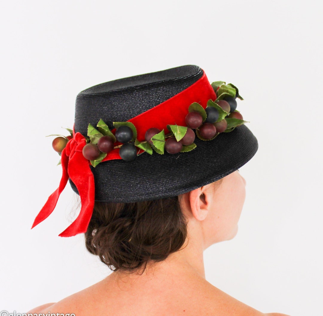 1950s Black Straw Fruit Hat | 50s Black Woven Straw & Grapes Hat ...
