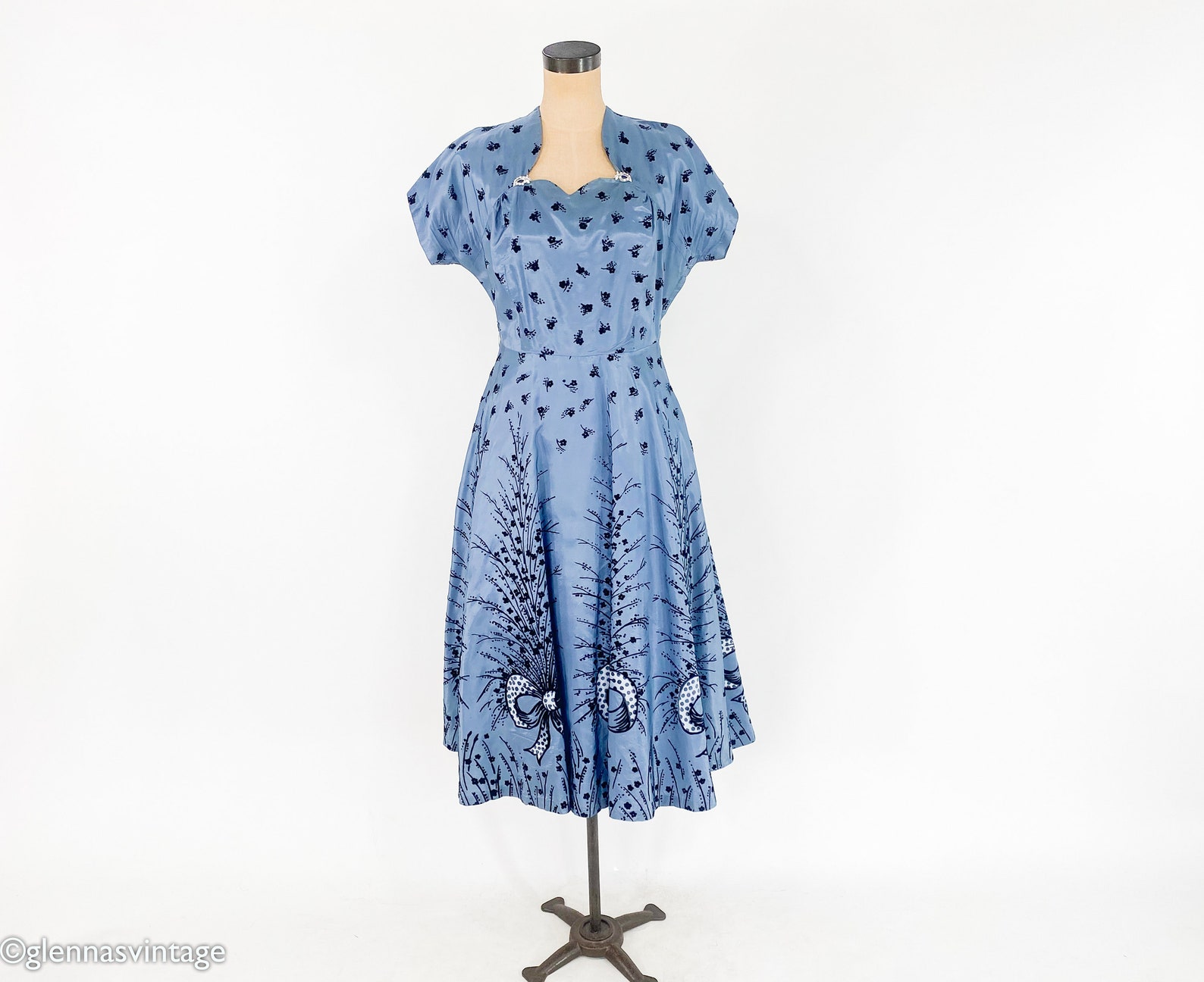 1940s Blue Taffeta Cocktail Dress 40s Steel Blue Border - Etsy