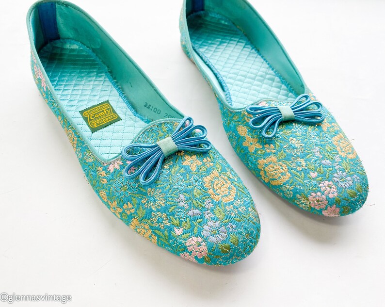 1950s Turquoise Brocade Slippers | Blue & Gold Shoes , Size 12 - Etsy