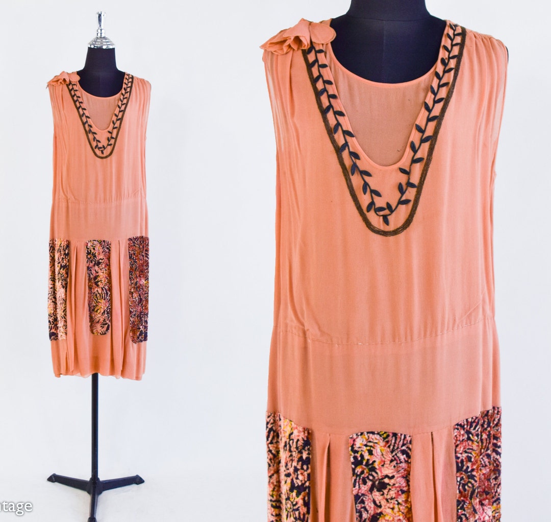 1920s Orange Silk Flapper Dress | 20s Peach & Brown Silk Flapper Dress ...