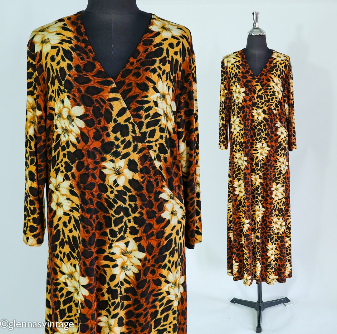 1980s Leopard Animal Print Maxi Dress | 80s Brown Leopard & Flowers ...