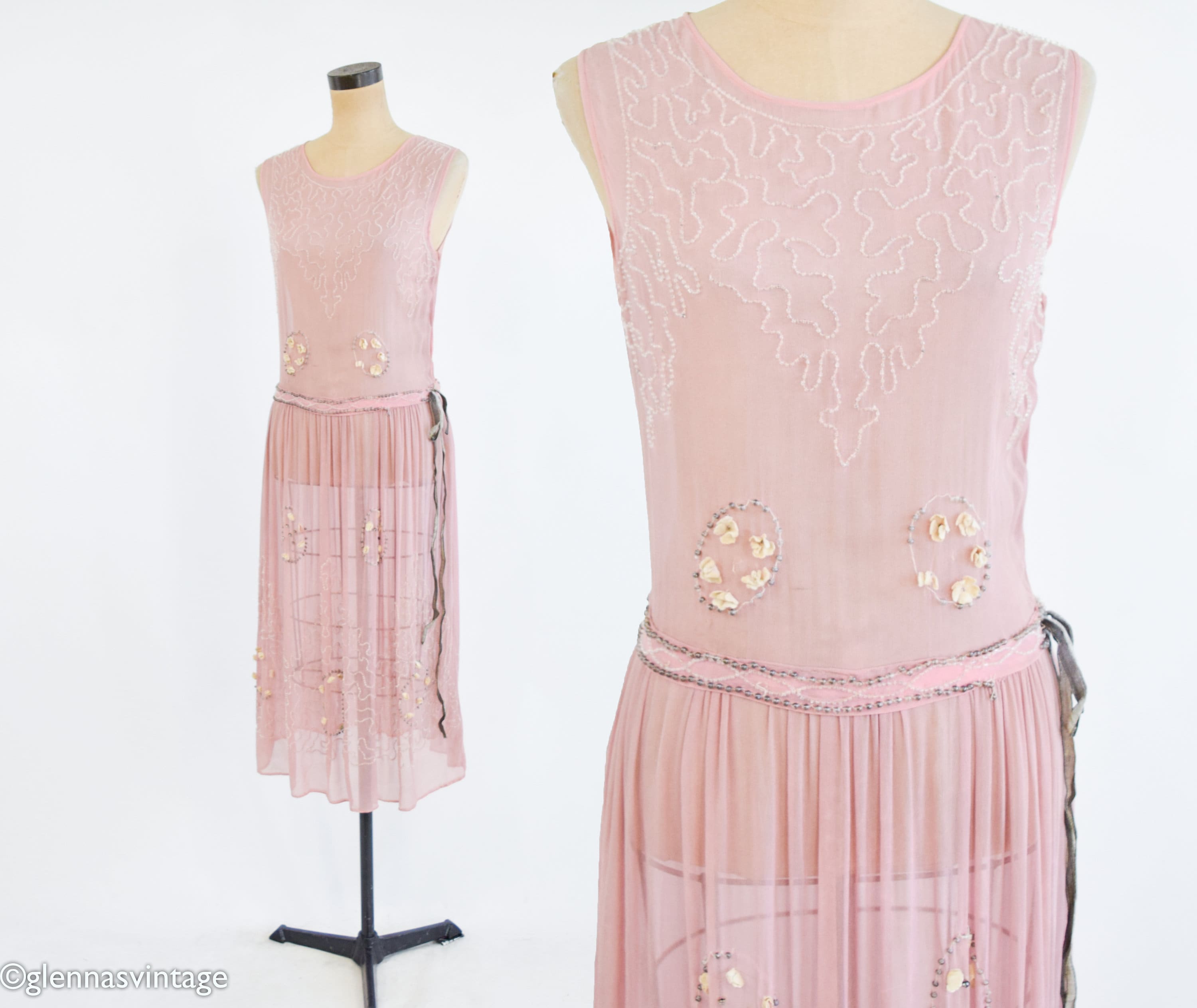 1920s Pale Pink Silk Flapper Dress | Vintage Pink Beaded Vintage Gown ...