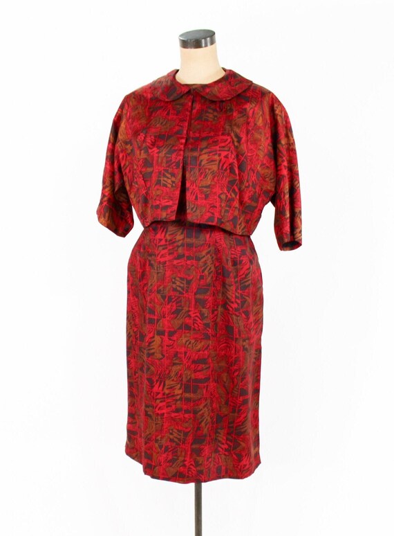 1950s Red Tiki Print Dress & Jacket Set | 50s Red She… - Gem