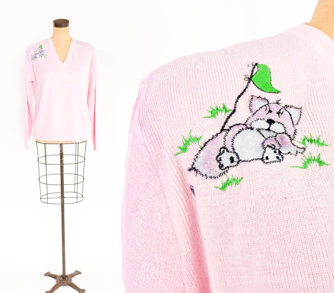 1960s Pink Kitty Sweater | 60s Pink V-neck Sweater | Pink Golf Sweater ...