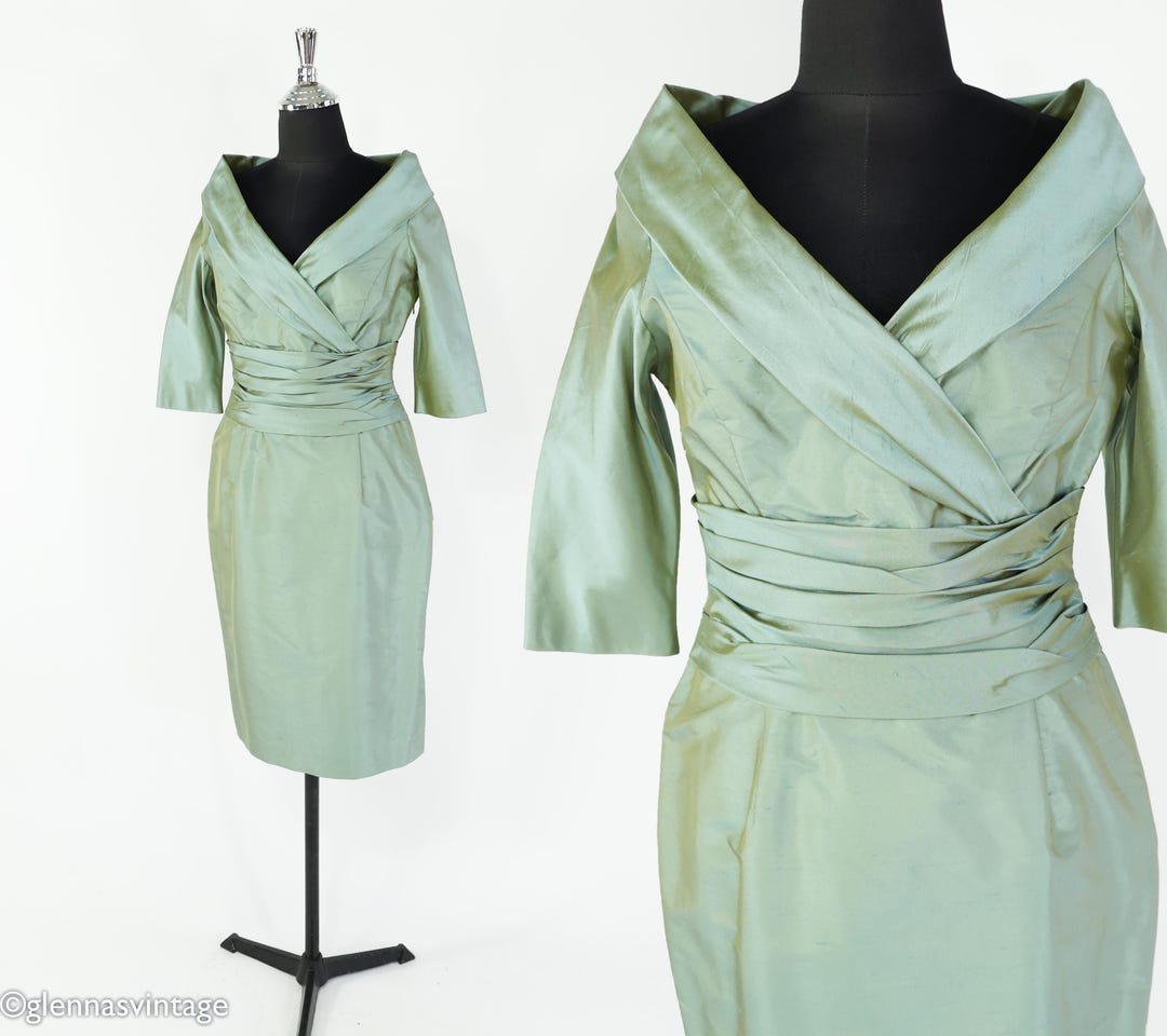 1950s Green Shantung Cocktail Dress | Green Iridescent Sheath | Medium ...