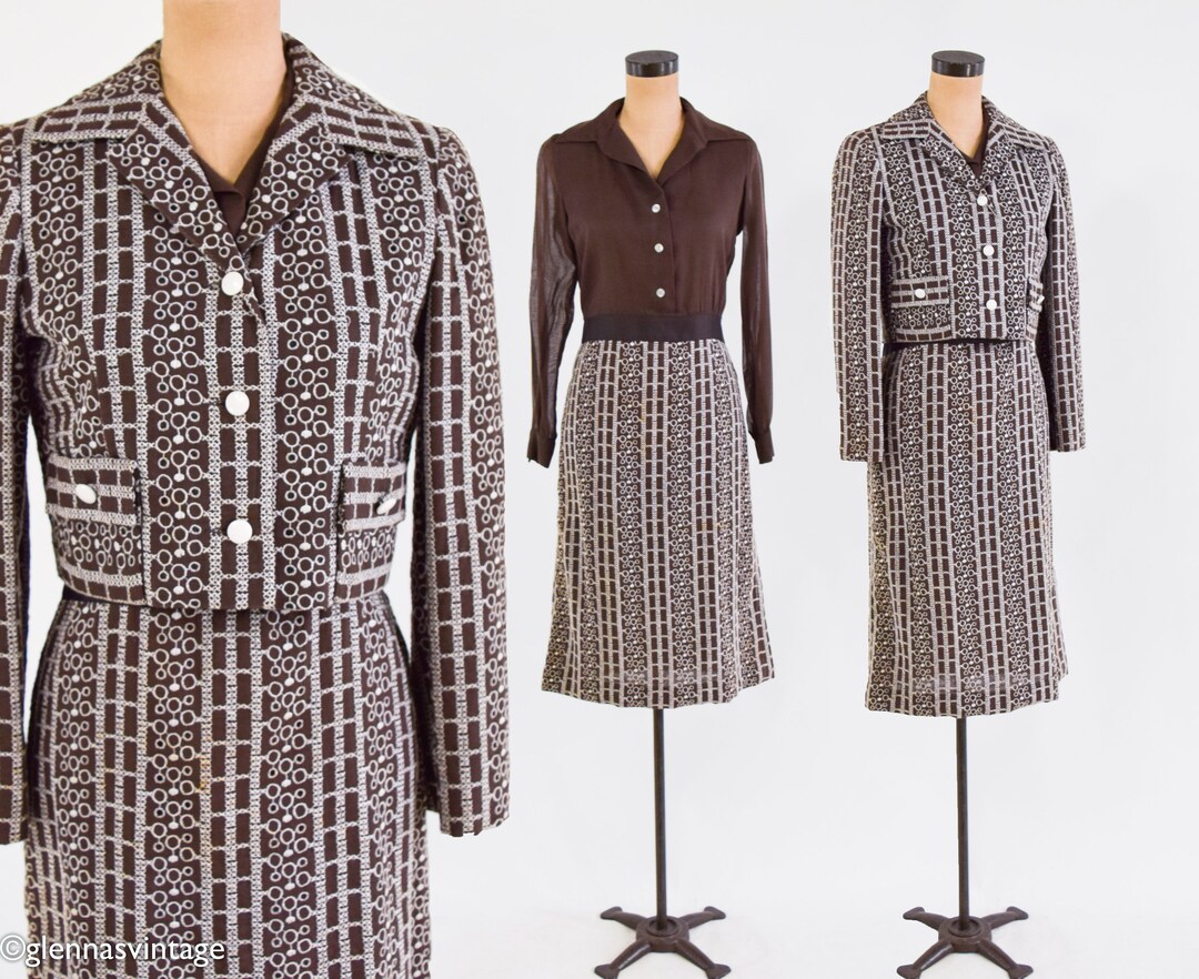 1960s Brown Embroidered Dress Jacket Set 60s Brown White Print Dress ...