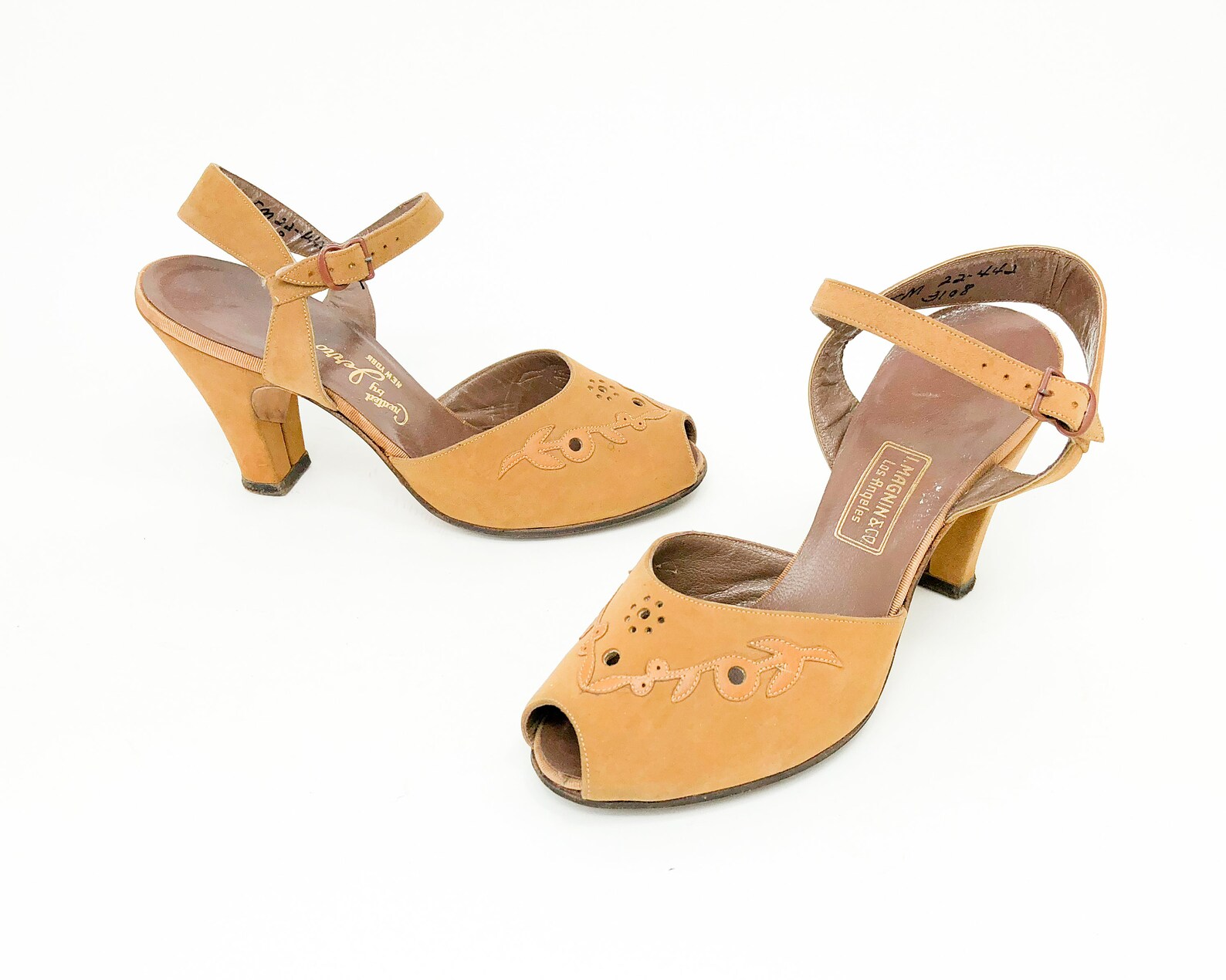 1940s Brown Peep Toe Heels 40s Tan Suede Leather Heel Sandals I Magnin ...
