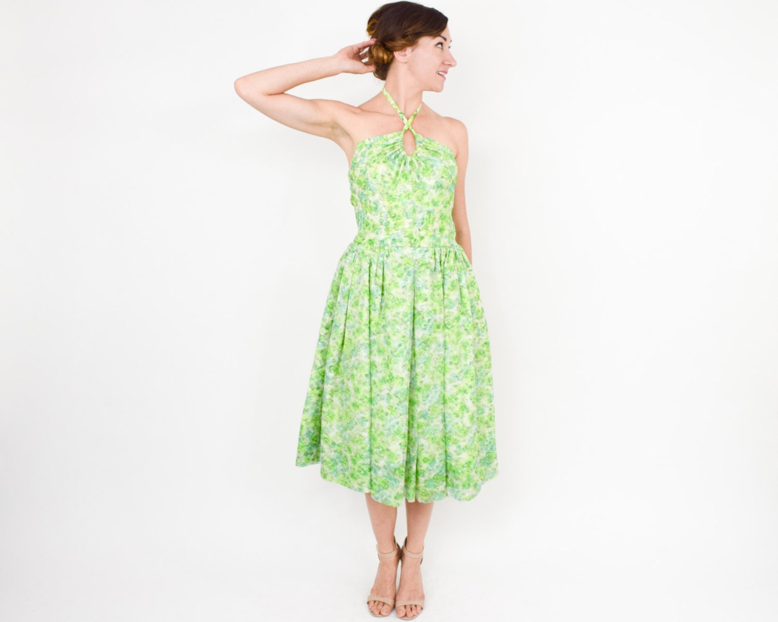 1950s Green Floral Halter Dress 50s Green Nylon Flowered - Etsy