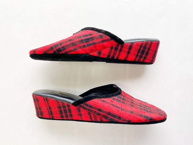 1950s Red Plaid Slippers | 50s Red Wedge Shoes | Patricia Green | Size ...