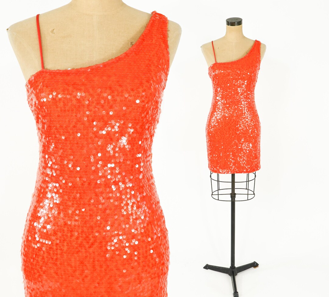 1990s Orange Sequin Mini Dress | Vintage One Shoulder Party Dress ...