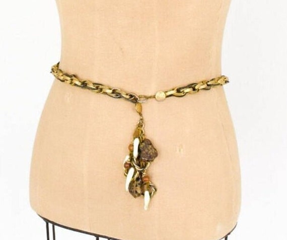 1970s Bronze Chain Belt | 70s Glass & Stone Brass Bel… - Gem