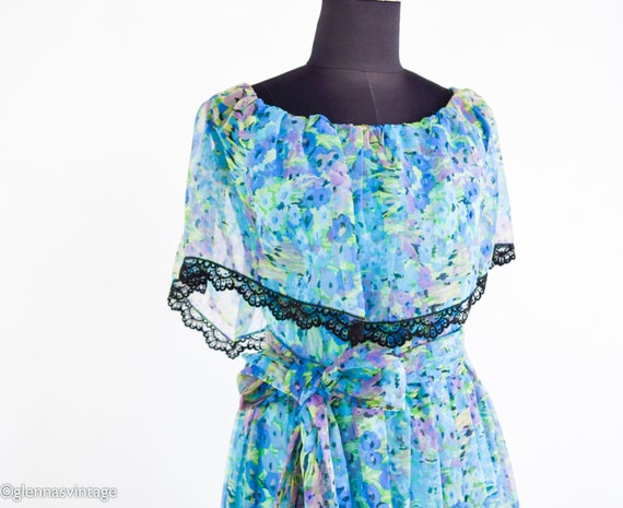 1970s Blue & Turquoise Floral Print Peasant Dress | 7… - Gem