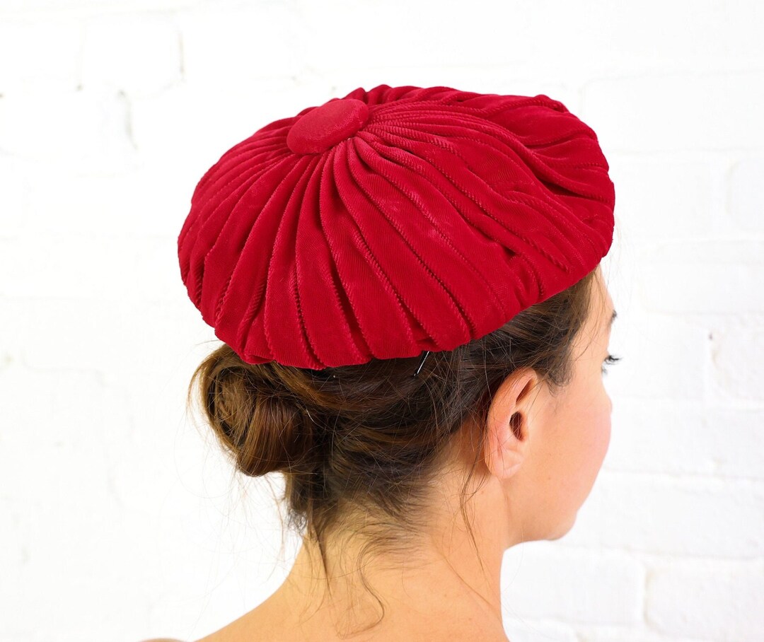 1950s Red Velvet Pinwheel Hat | 50s Red Velvet Gathered Beret - Etsy