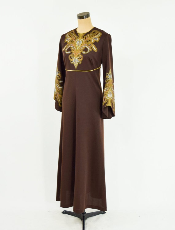 1970s Brown Screen Print Maxi | 70s Brown Polyester K… - Gem