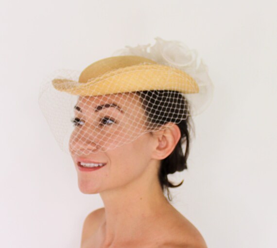 1980s Beige & White Straw Fascinator | 80s Tan Straw … - Gem