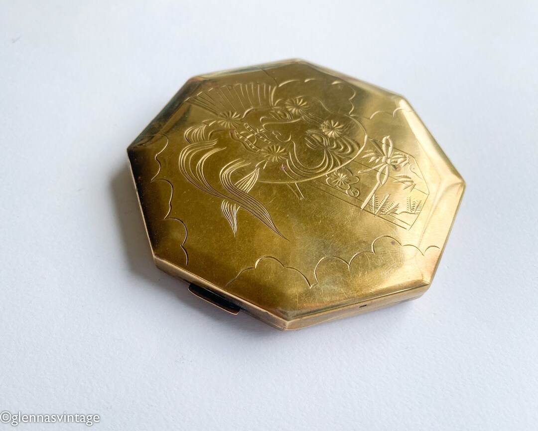 1940s Asian Design Gold Compact | 40s Asian Mask Compact | Brass Etched ...