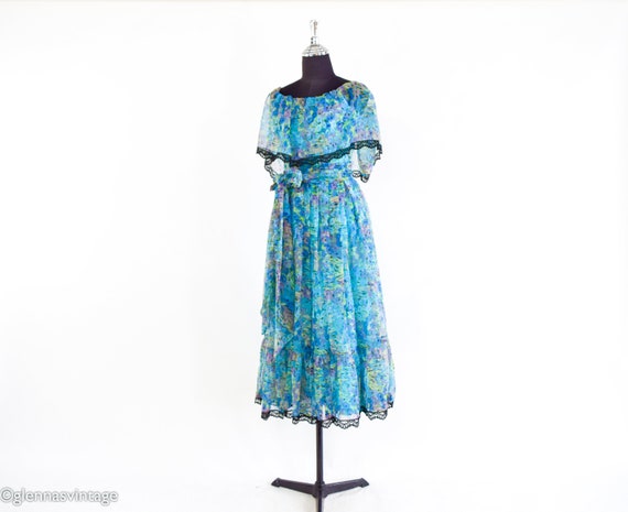 1970s Blue & Turquoise Floral Print Peasant Dress | 7… - Gem