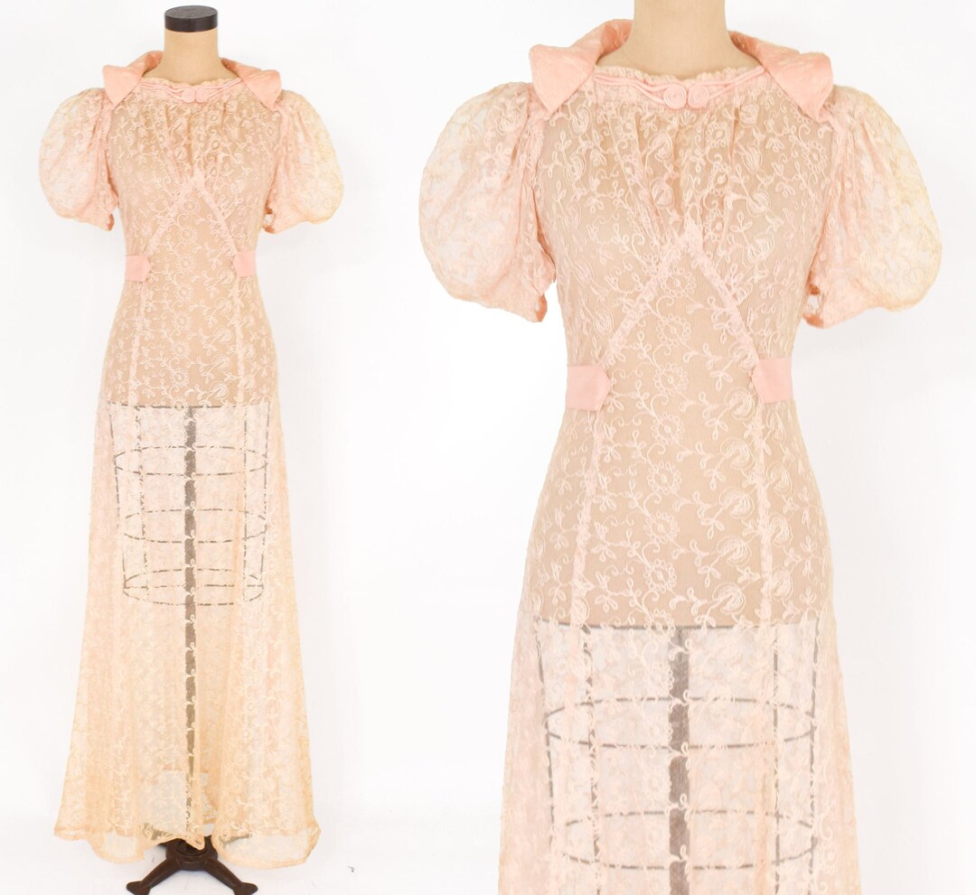 1930s Beige Lace Evening Gown 30s Blush Pink Sheer Floral Lace Evening ...