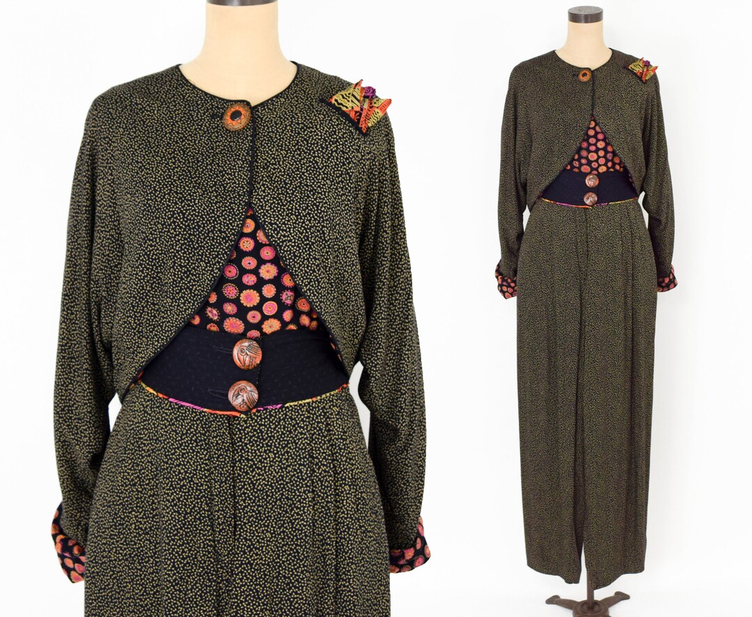 1980s Brown Print Pant Set 80s Black & Brown Rayon Pant Set Platinum ...