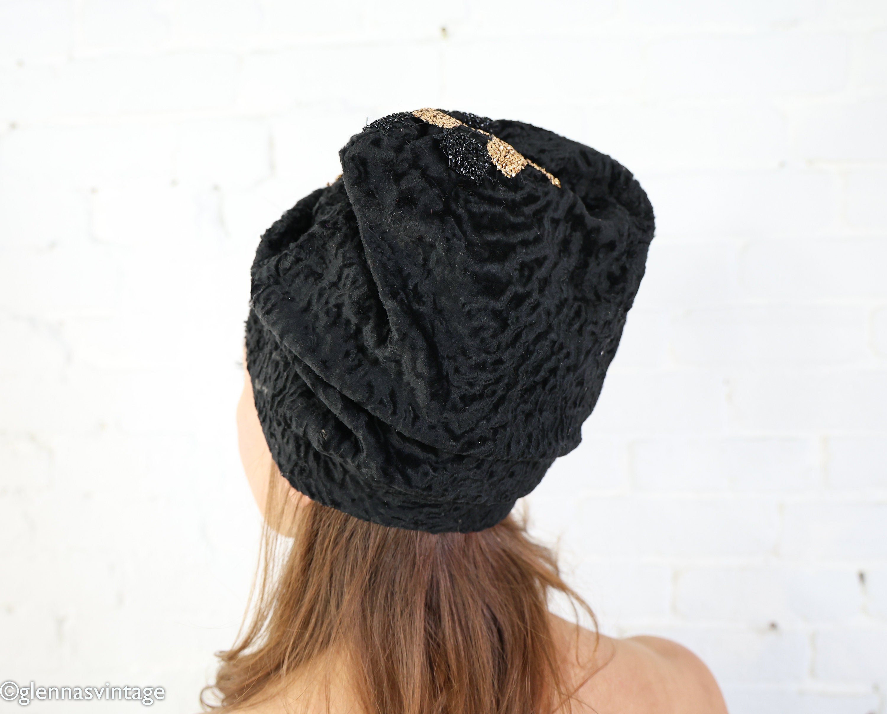 1940s Black Persian Lamb High Crown Hat | Vintage Black & Gold Fur ...