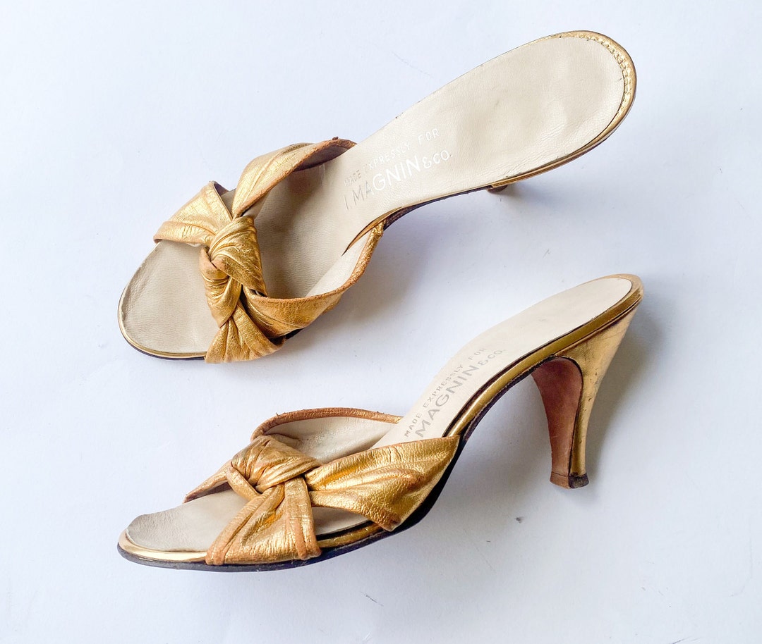 1950s Gold Leather Slide Heels | 50s Gold Peep Toe Heels | I. Magnin ...