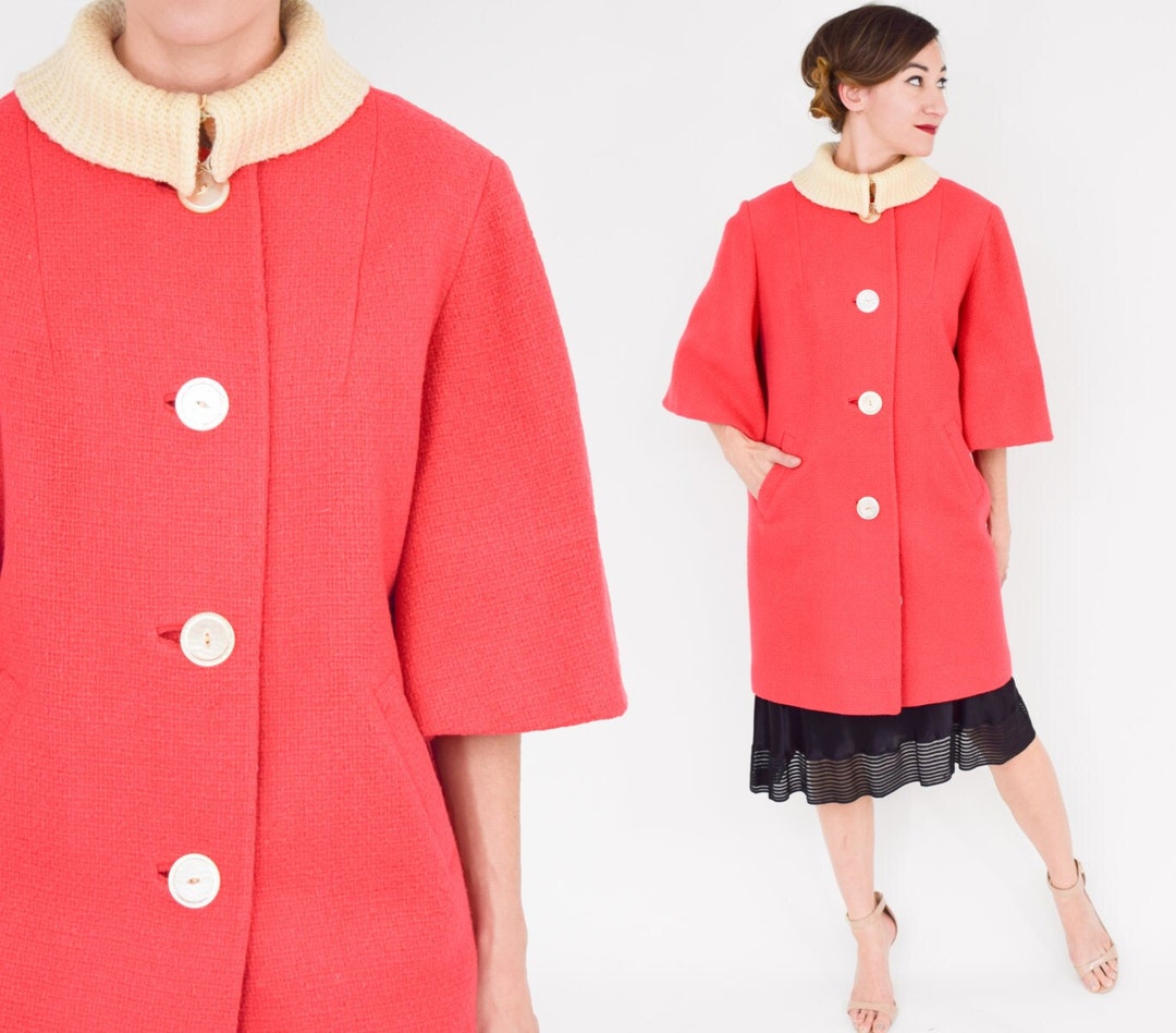 1960s Coral Woven Wool Coat | Vintage Betty Rose Sweater Collar Car ...