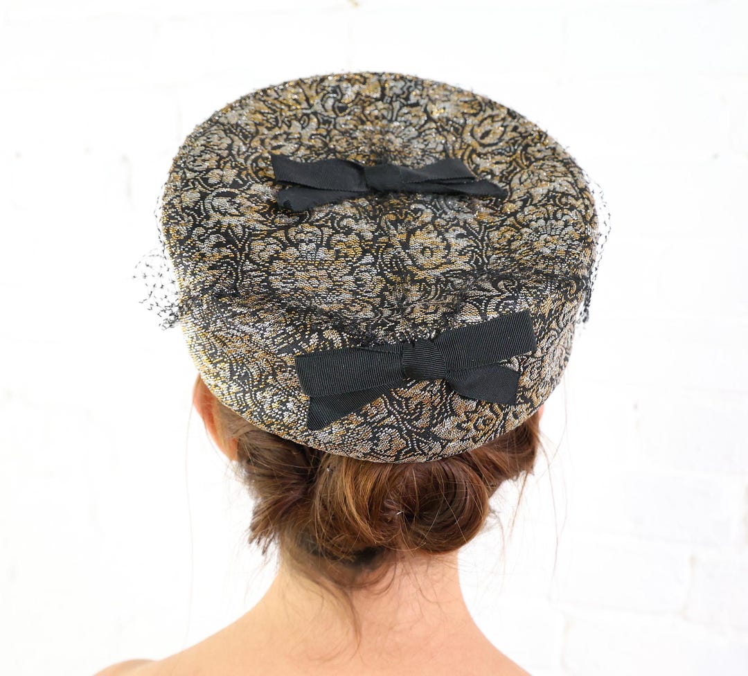 1960s Black & Gold Metallic Pillbox | 60s Black Brocade Hat | Jackie O ...