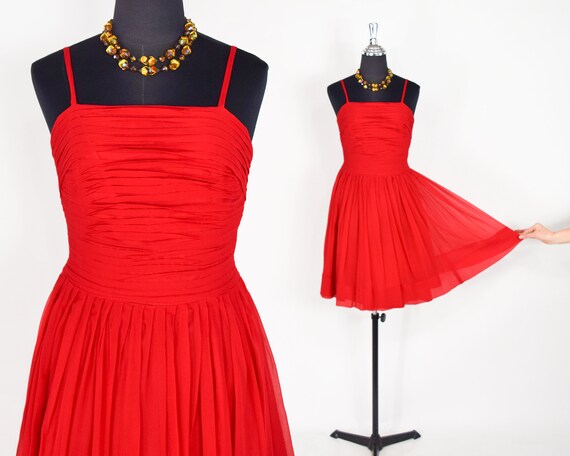 1950s Red Chiffon Party Dress | 50s Red Spaghetti Str… - Gem