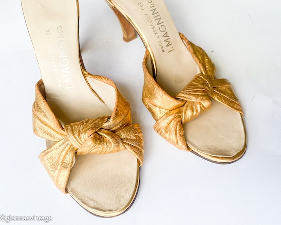 1950s Gold Leather Slide Heels | 50s Gold Peep Toe He… - Gem