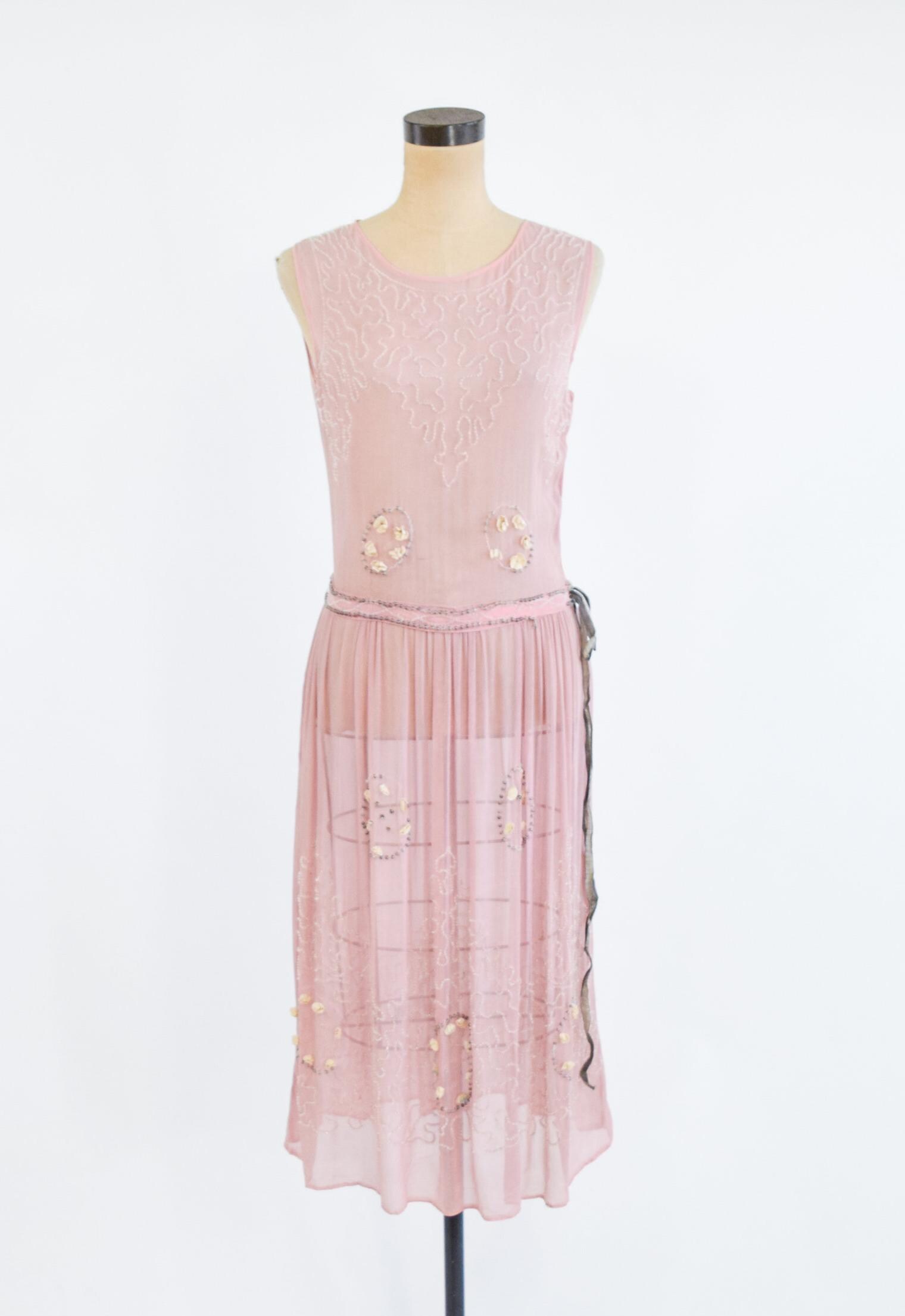 1920s Pale Pink Silk Flapper Dress | Vintage Pink Beaded Vintage Gown ...
