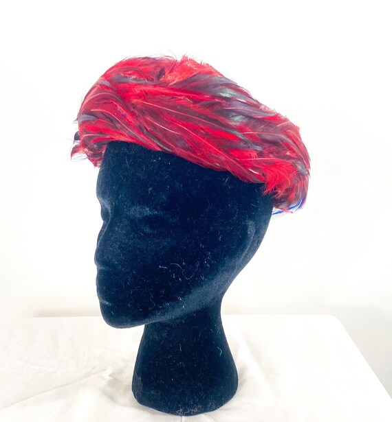 1950s Red Feather Hat | 50s Red Feather Saucer Hat - Gem