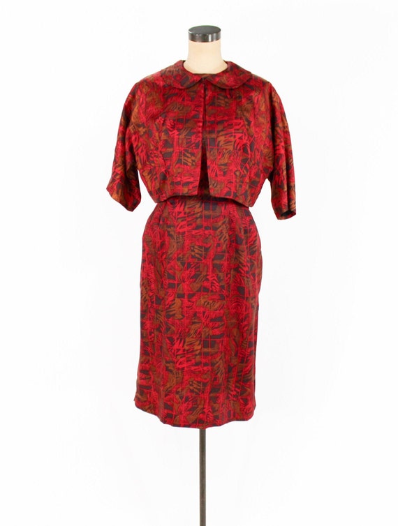 1950s Red Tiki Print Dress & Jacket Set | 50s Red She… - Gem