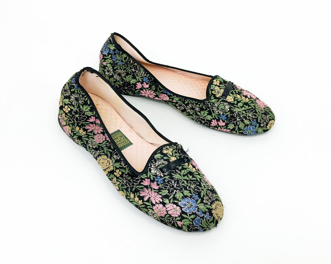 1950s Black Brocade Slippers | 50s Black Slippers | Black Satin ...