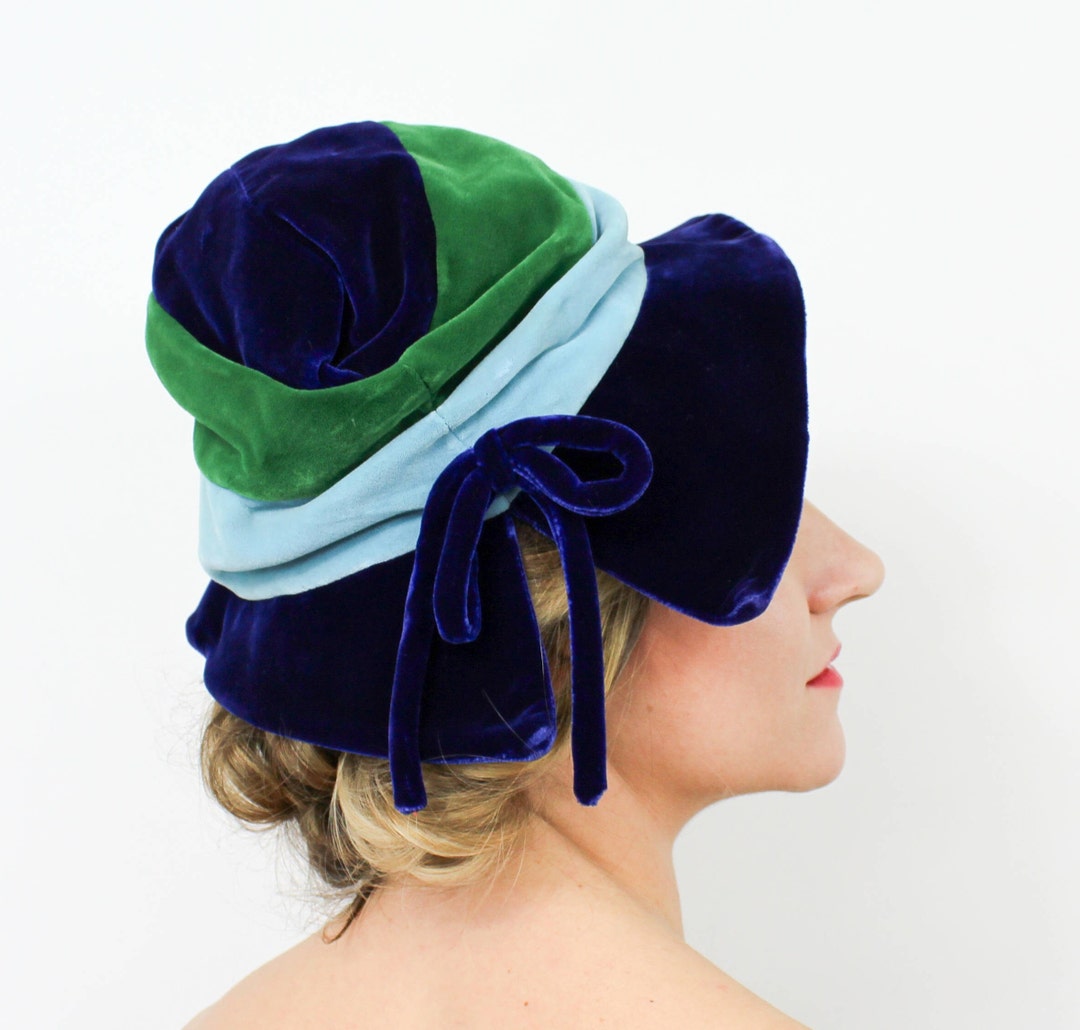 1960s Velvet Slouch Hat | Vintage Blue & Green Striped Lilly Dache Hat ...