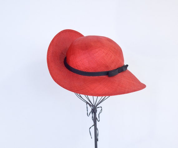 1980s Red Straw Hat | 80s Red Woven Saucer Hat | Sau… - Gem