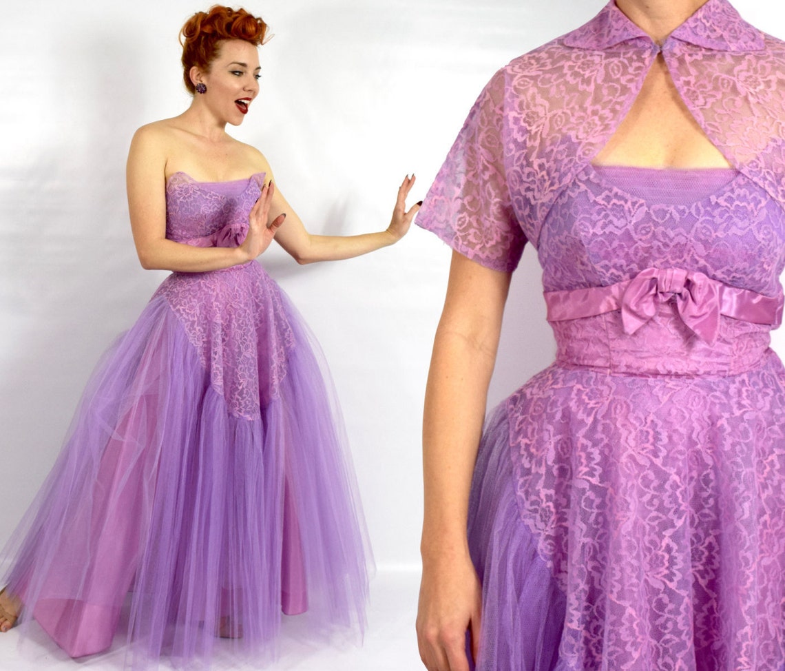 1940s Purple Lace Evening Dress 40s Lavender Tulle Lace - Etsy
