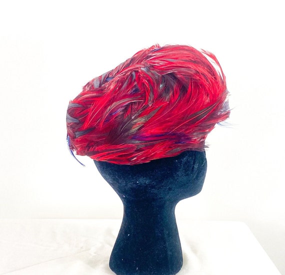 1950s Red Feather Hat | 50s Red Feather Saucer Hat - Gem