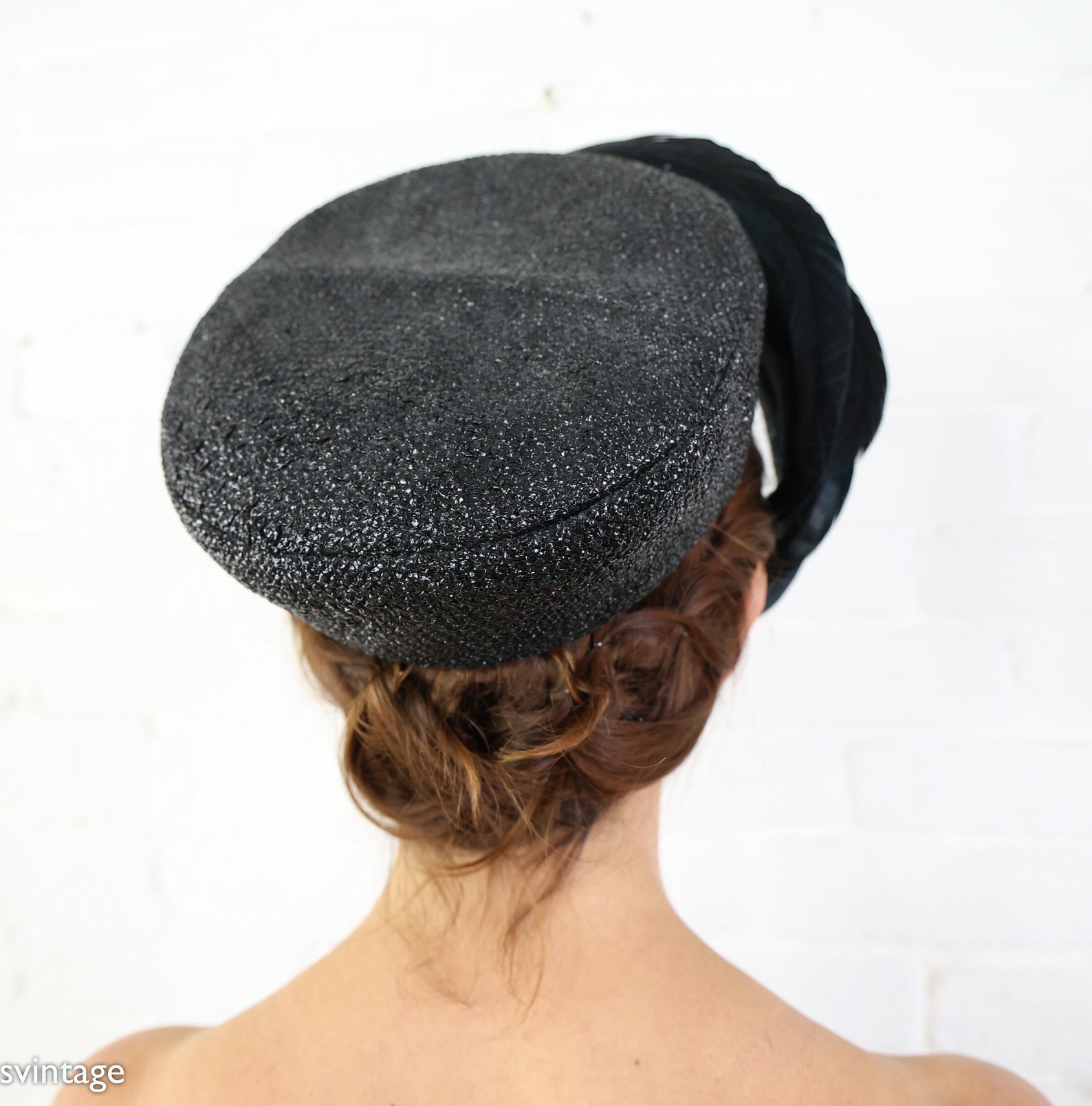 1950s Black Feather Fascinator | 50s Black Woven Raffia Hat With ...