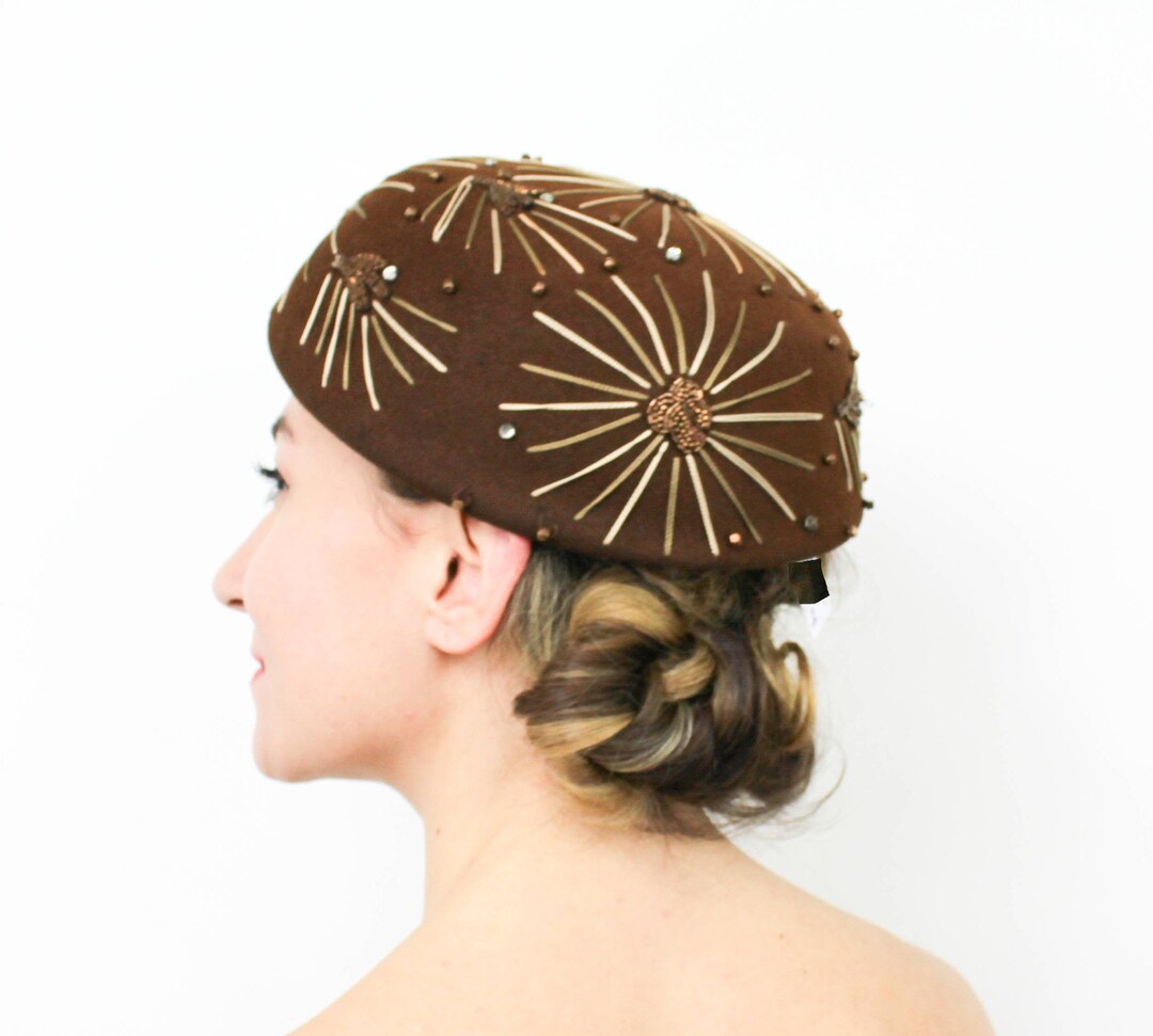 1950s Brown Wool Felt Hat | 50s Brown Wool Starburst Embroidered Hat ...