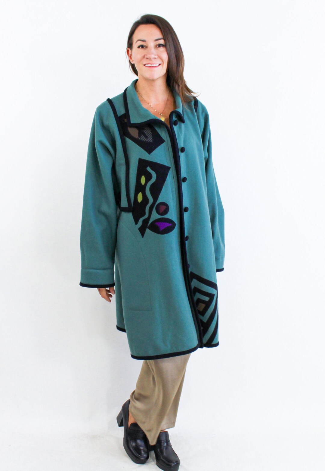 1980s Aqua Blue Wool Coat | 80s Turquoise Blue Wool Coat | Color Block ...