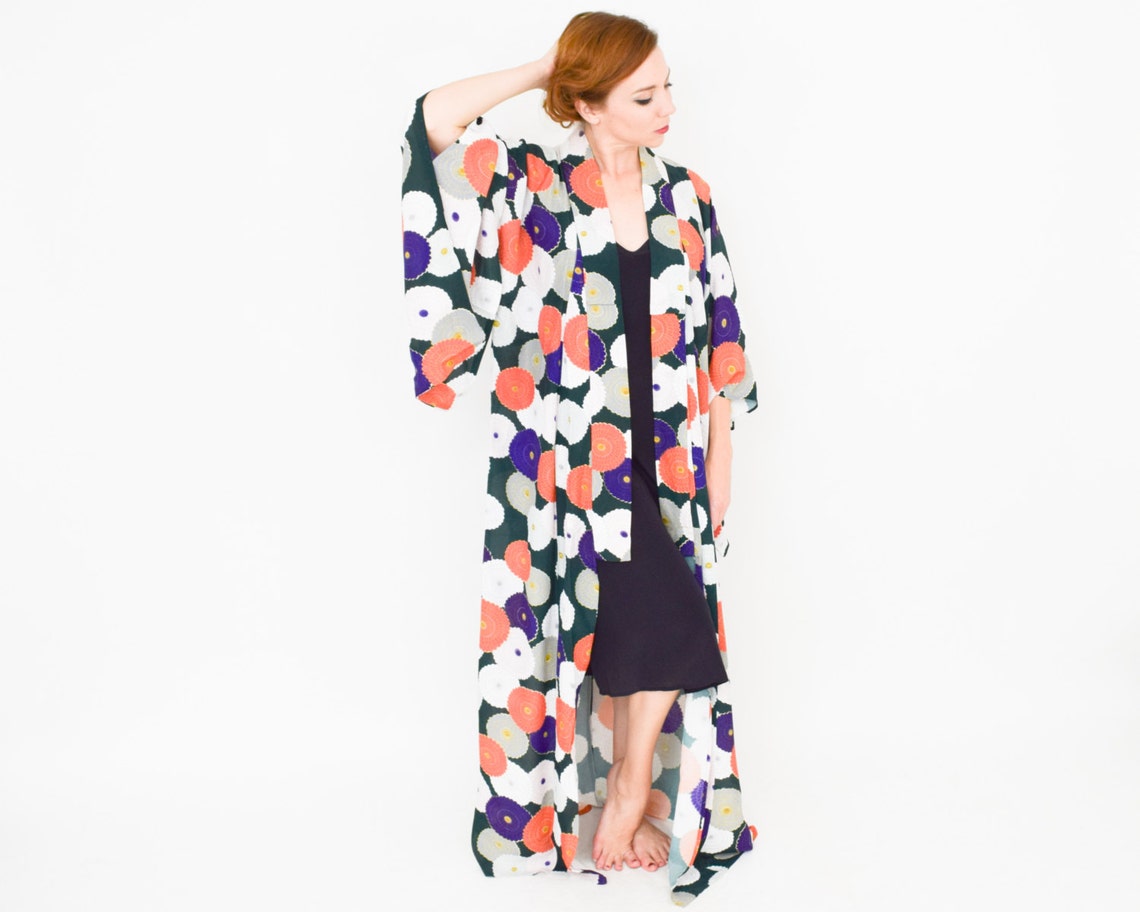 Floral Kimono Robe Green Orange Floral Robe Chrysanthemum - Etsy