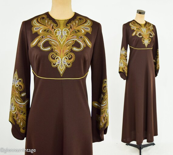 1970s Brown Screen Print Maxi | 70s Brown Polyester K… - Gem