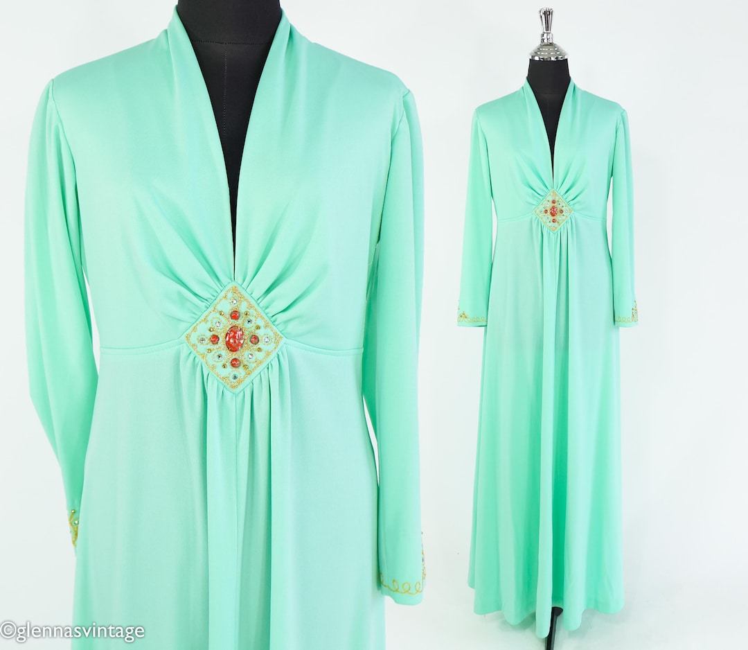 1970s Turquoise Knit Evening Gown | 70s Mint Green Polyester Knit Maxi ...