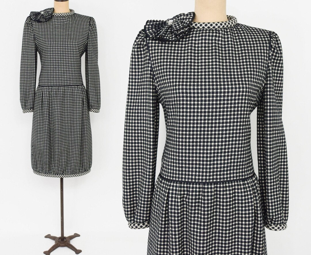 Nina Ricci | 1980s Black White Checked Wool Dress | 80s Checked Dress ...