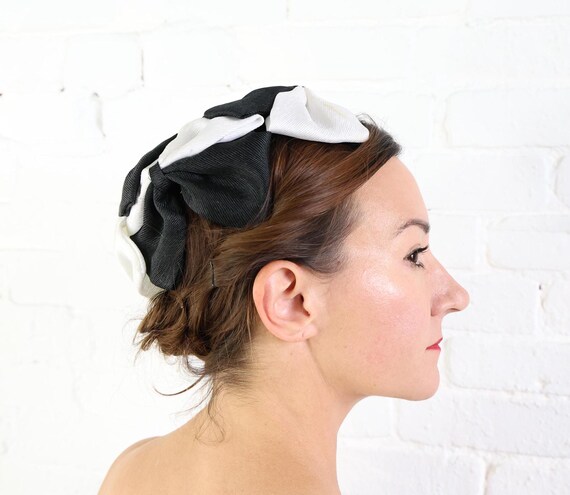 1950s Black White Bows Hat | 50s Black & White Grosgr… - Gem
