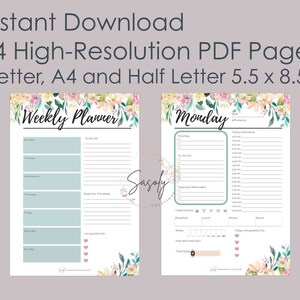 Watercolor Roses Undated Printable Weekly Planner Letter and A4 Sizes ...