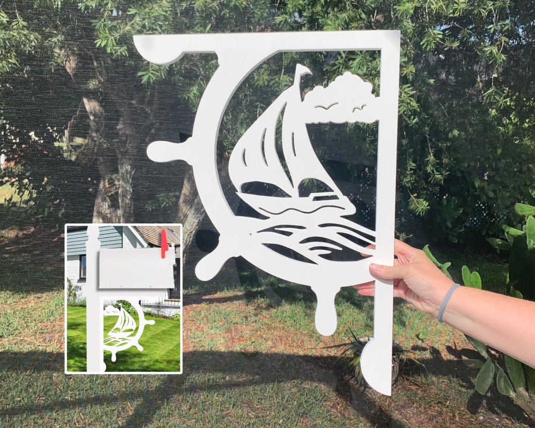 Mailbox Bracket - Ship's Wheel W/sailboat Large 16"x21", Custom Mailbox, Coastal, , Bracket ...